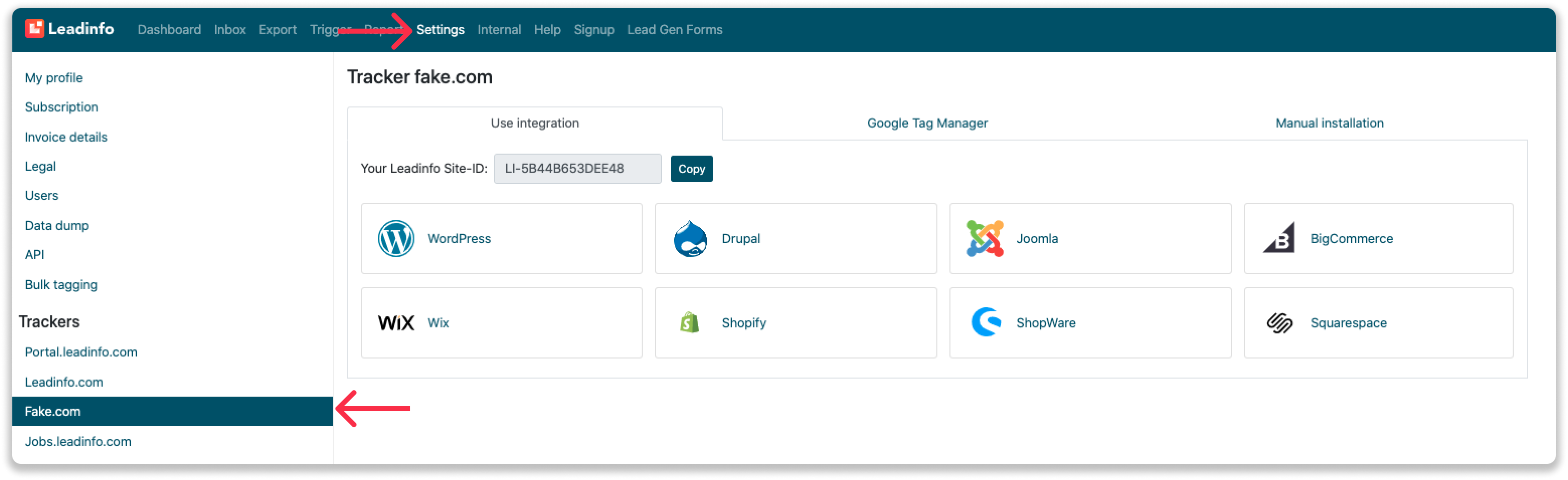 Where can I find the Leadinfo tracking code?